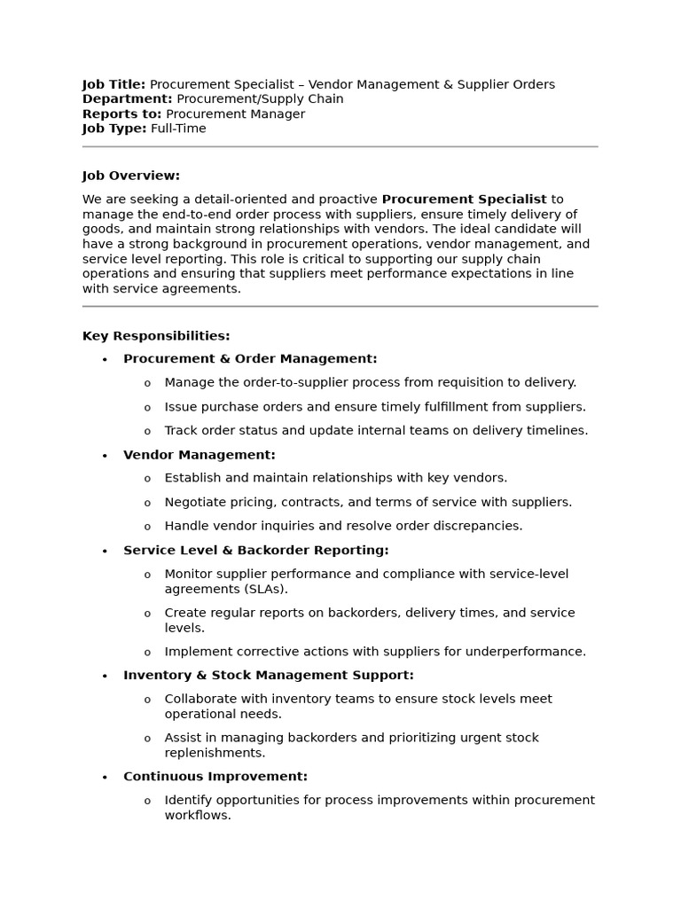 JD - Procurement Specialist | PDF | Procurement | Supply Chain