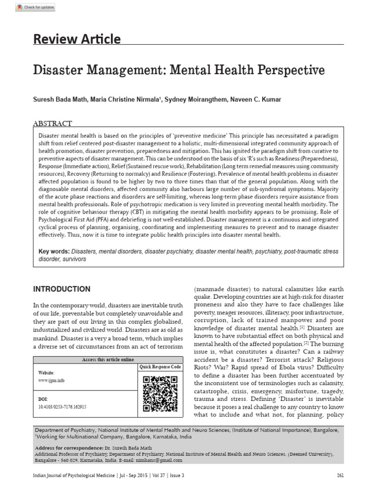 Math Et Al 2015 Disaster Management Mental Health Perspective | PDF ...