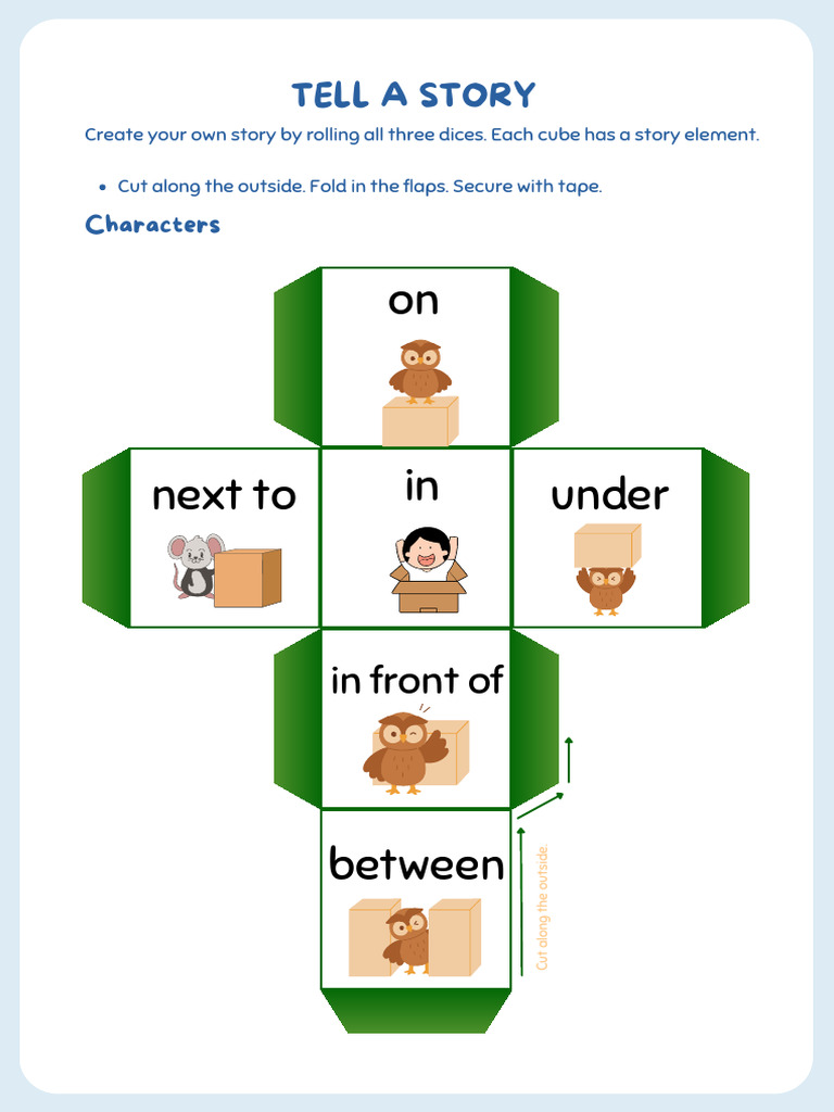 Blue, White Fun Illustrative Story Elements Dice Printable | PDF