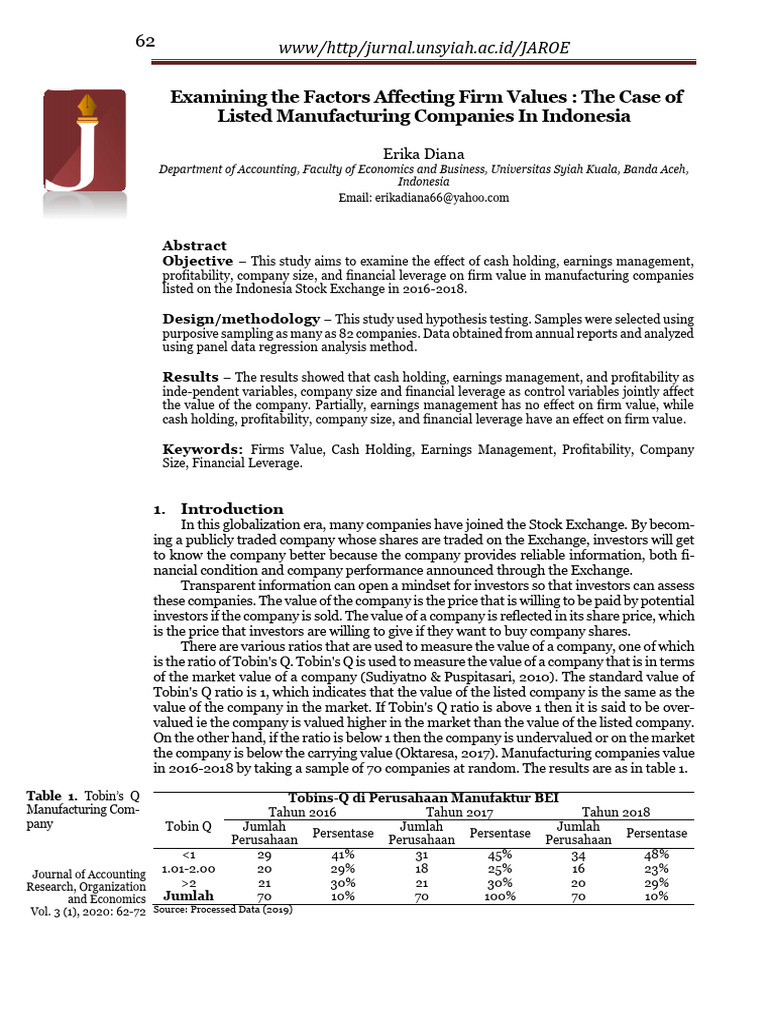 Examining The Factors Affecting Firm Values: The Case of Listed Manufacturing Companies in ...