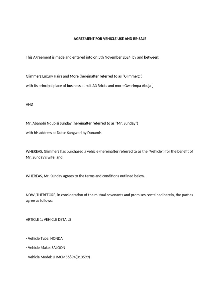 Vehicle Use and Re-Sale Agreement | PDF | Private Law | Justice