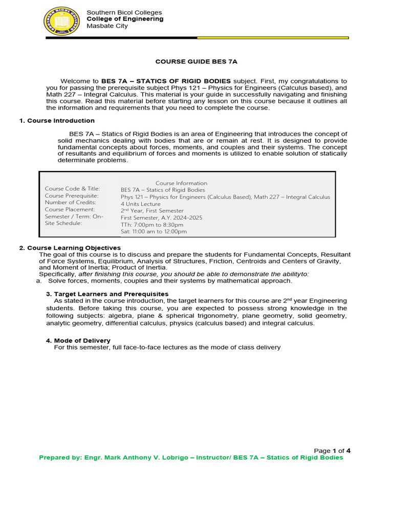 Course Guide BES 7A Statics of Rigid Bodies | PDF | Force | Friction