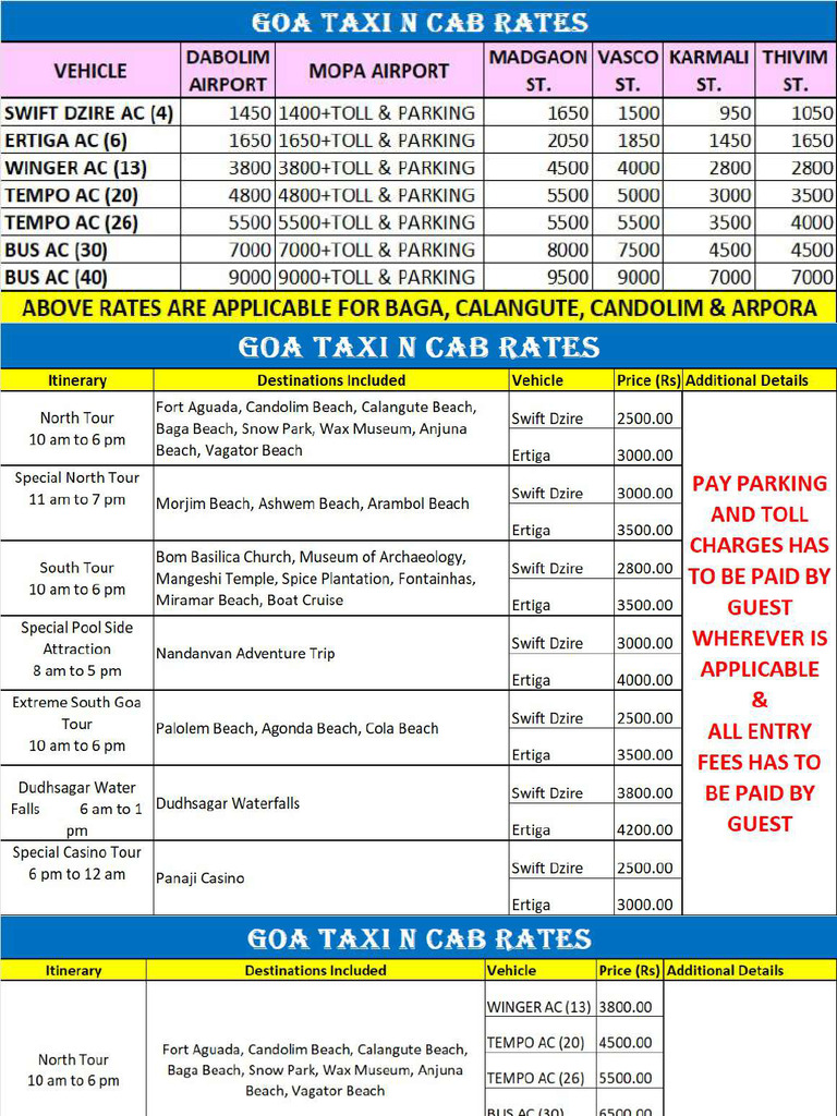 Goa Taxi N Cab Rates | PDF
