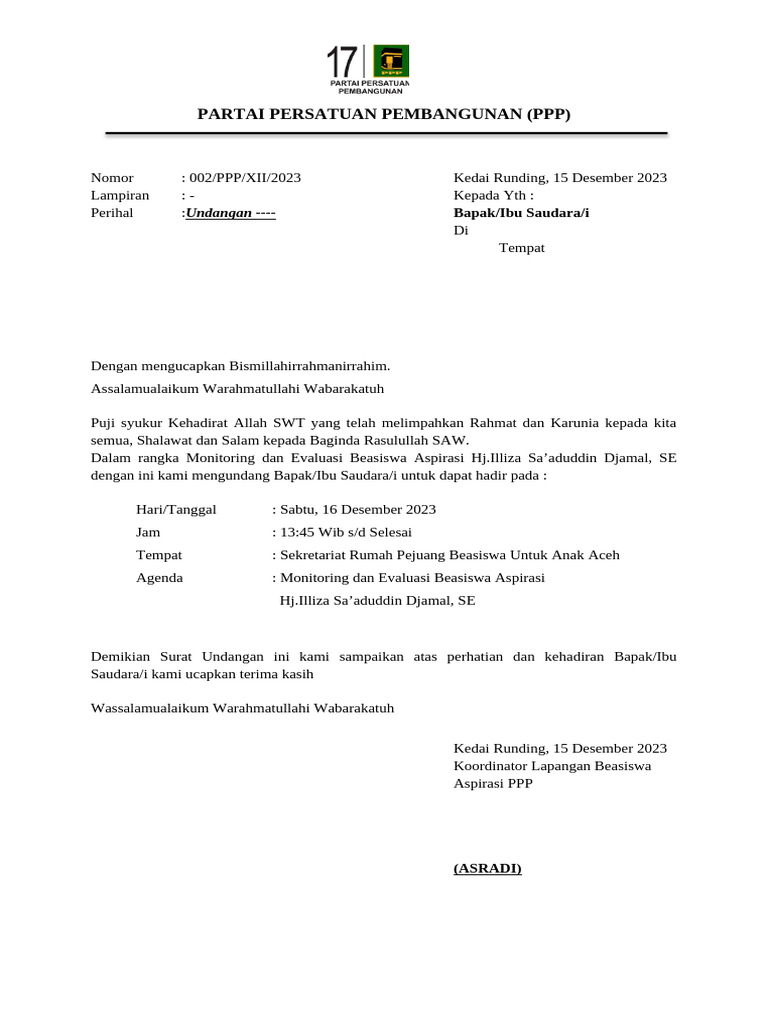 Undangan Evaluasi Beasiswa PPP 2023 | PDF