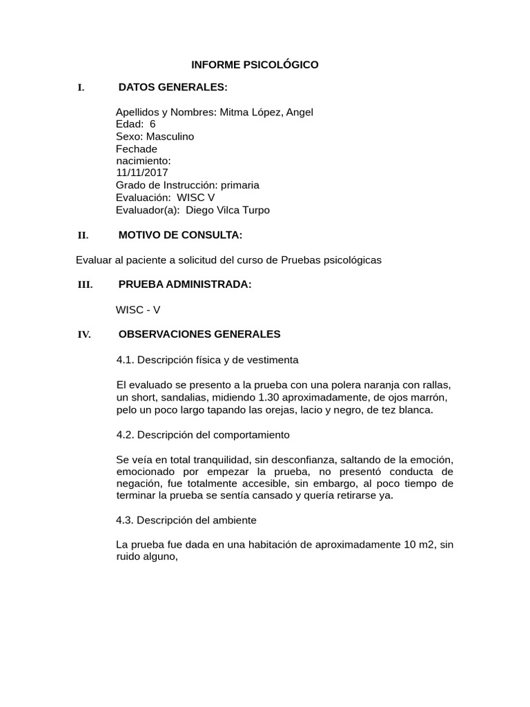 INFORME PSICOLÓGICO Wisc V | PDF