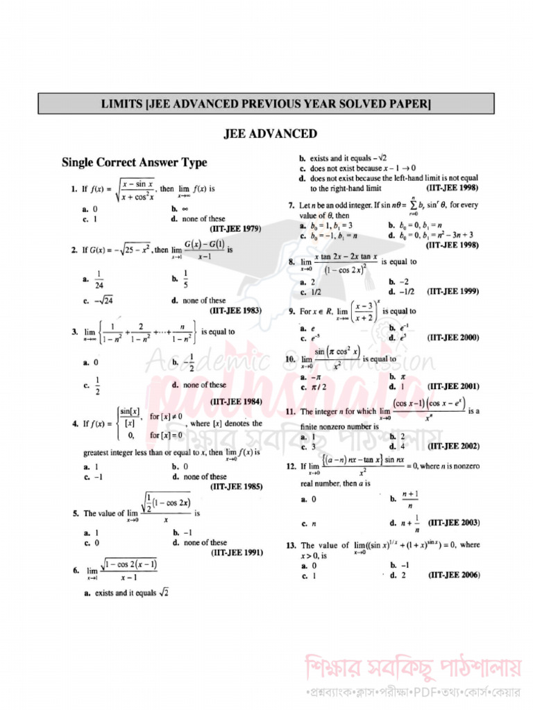 Limits JEE Advanced Questions PDF With Solutions | PDF