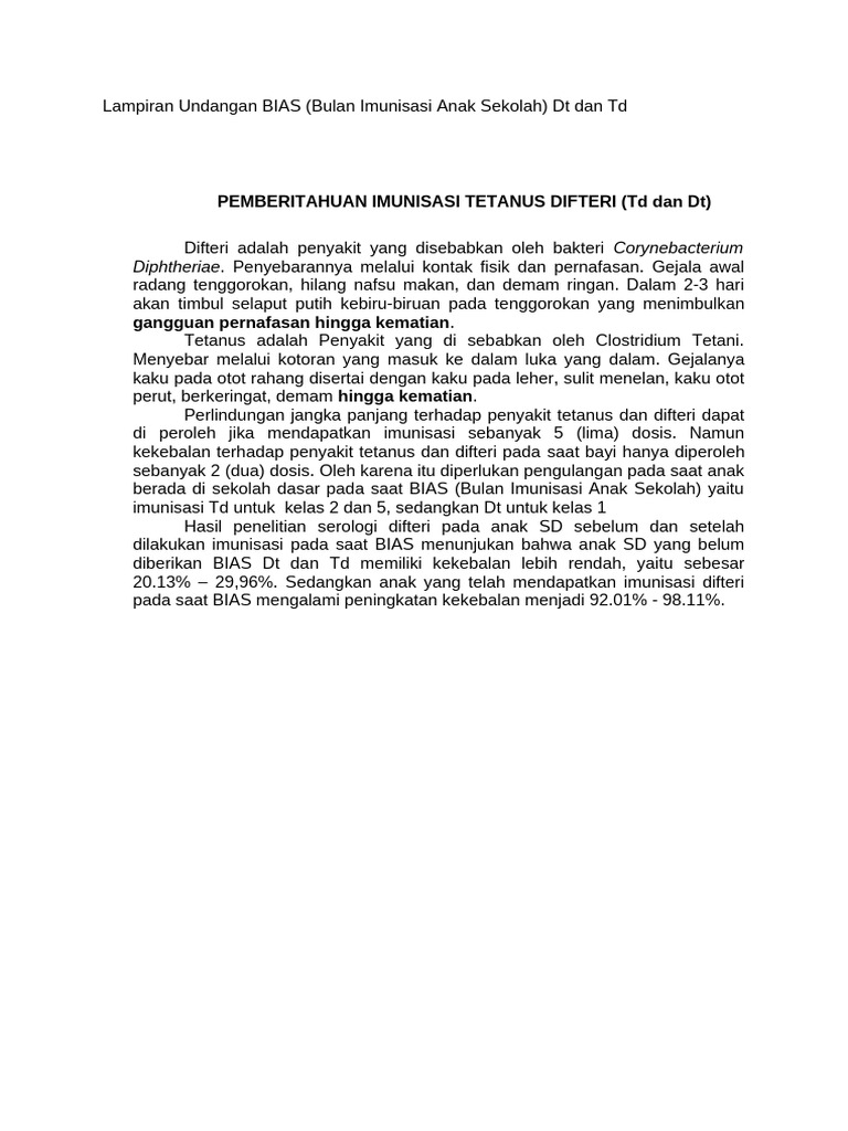 Imunisasi Tetanus Difteri untuk Anak Sekolah | PDF