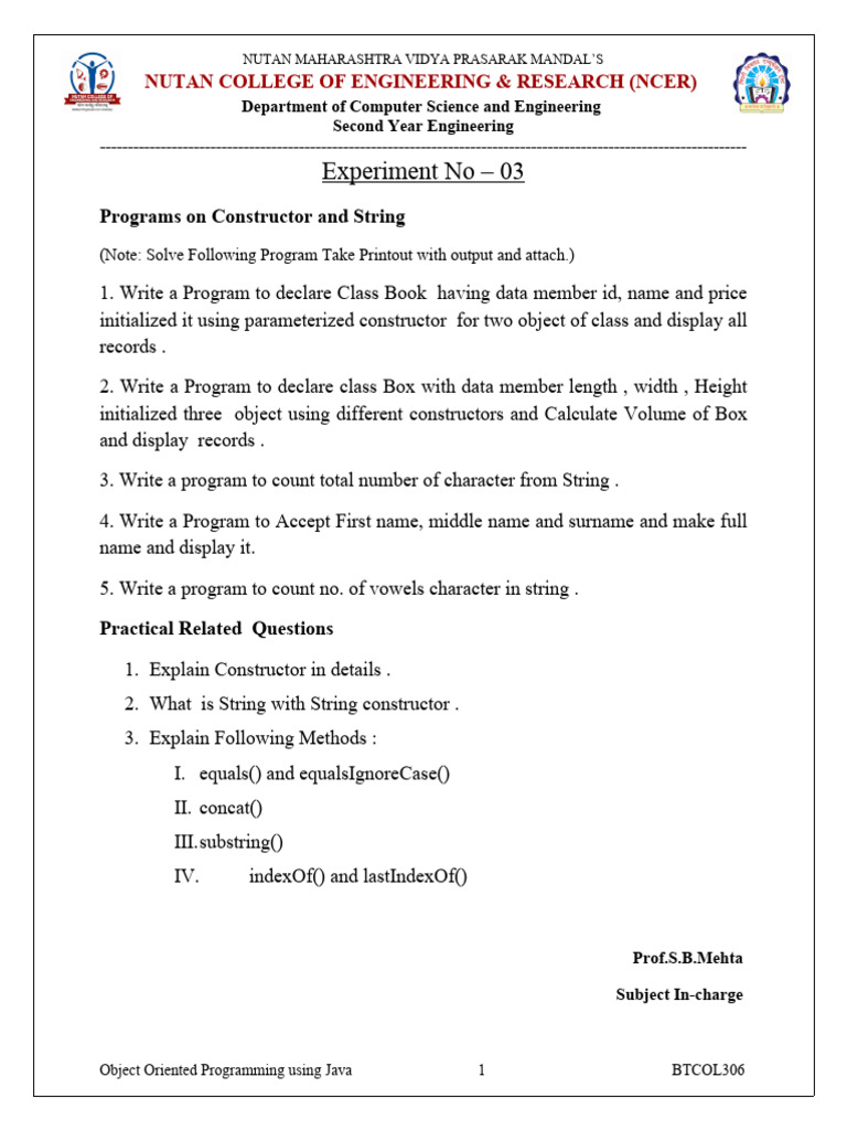 Experiment No - 03: Programs On Constructor and String | PDF