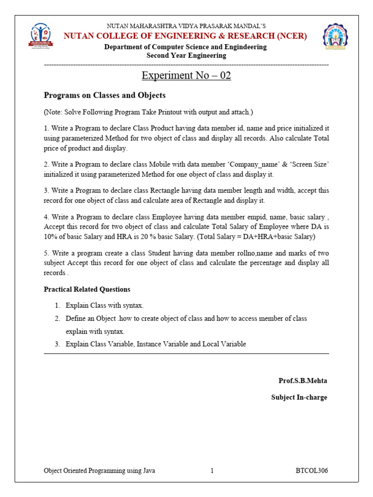 Experiment No - 02: Programs On Classes and Objects | PDF