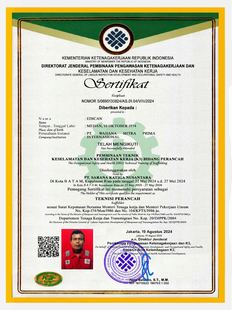 Sertifikat K3 - Edican - 19082024 | PDF