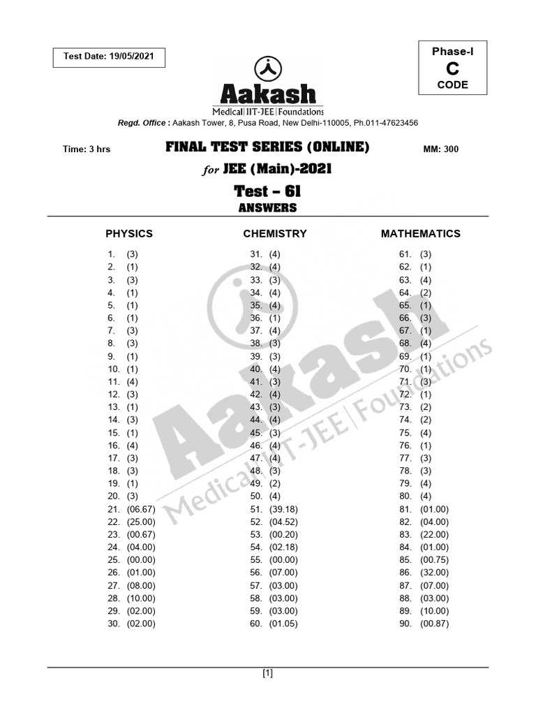 FTS-61 - JEE (Main) - Phase-1 - 19-05-2021 Soln | PDF | Physical Phenomena | Applied And ...