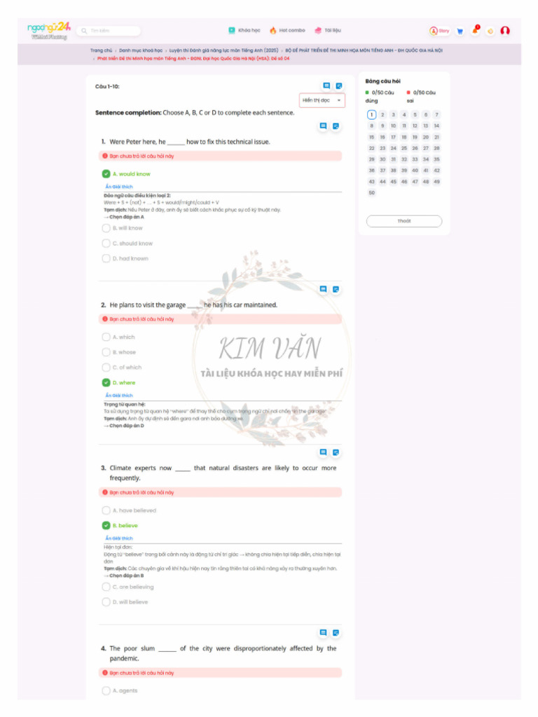 Screencapture Ngoaingu24h VN Bai Hoc Phat Trien de Thi Minh Hoa Mon Tieng Anh DGNL Dai Hoc Quoc ...