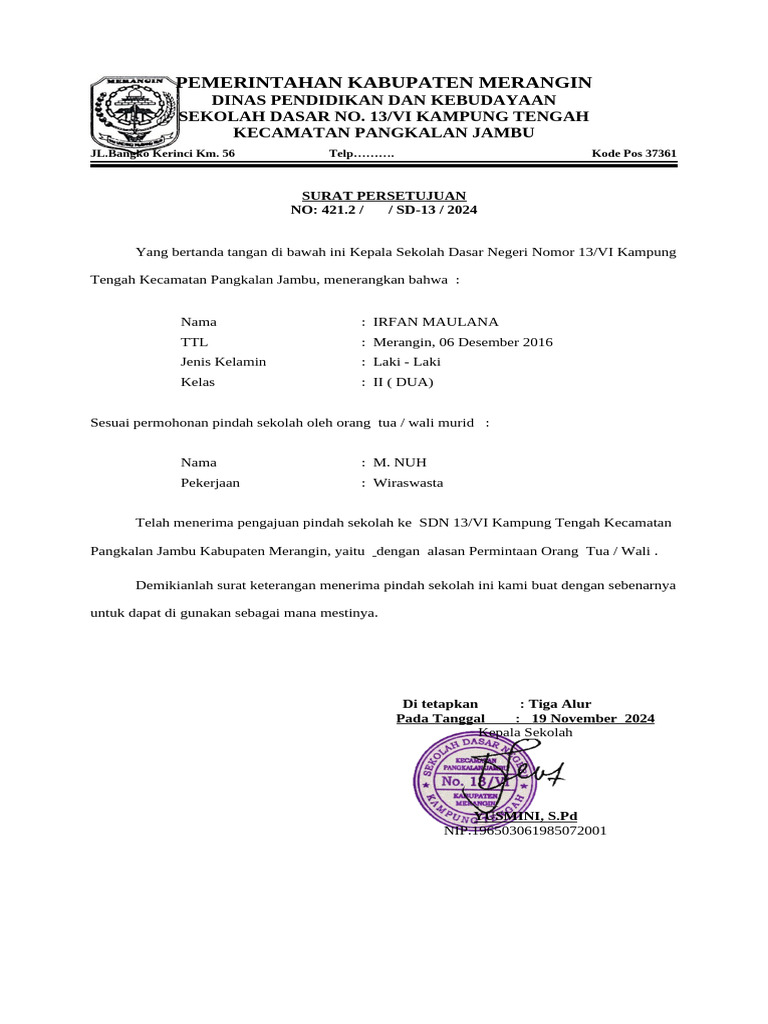 Surat Persetujuan Irfan Maulana | PDF