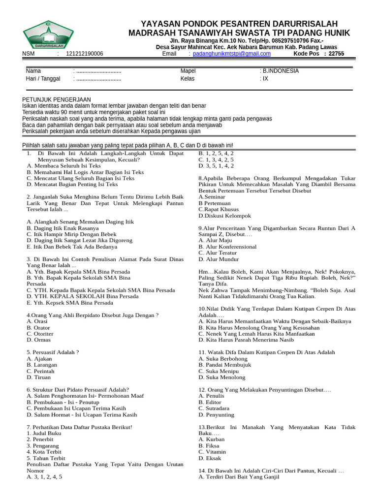 Soal Ujian MTS KLS Ix | PDF