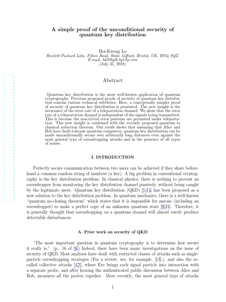 Lo - 2001 - A Simple Proof of The Unconditional Security of Quantum Key Distribution | PDF ...