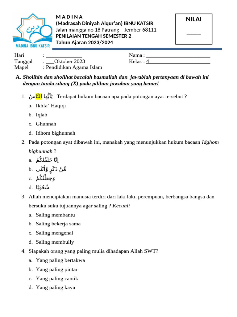 Bismillah Soal ETS Kelas 4 PAI Sem 1 | PDF