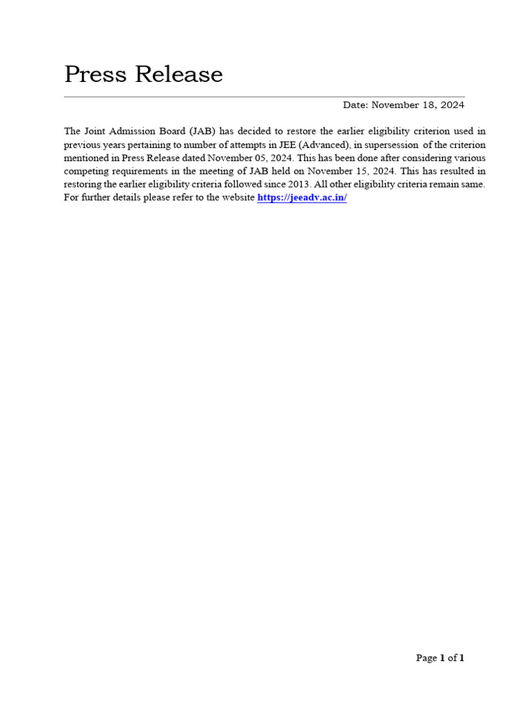 JEE Advanced 2025 Eligibility Update | PDF