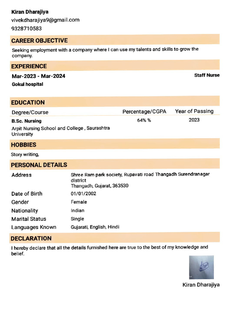 Kiran Dharajiya - B.Sc. Nursing Resume | PDF