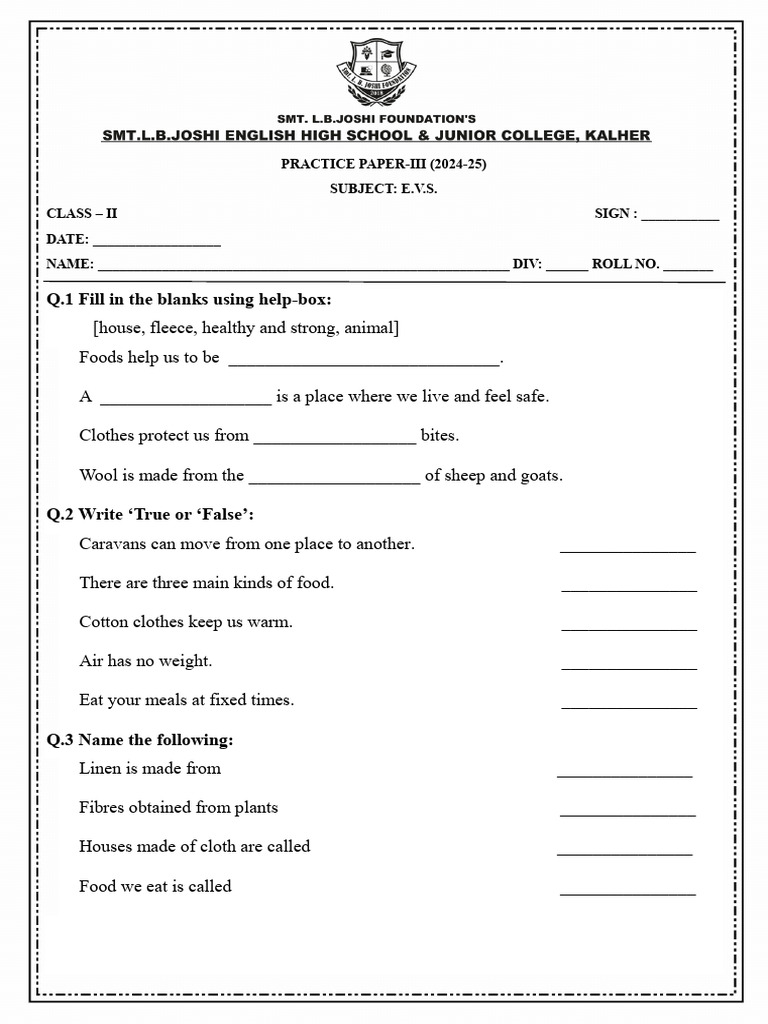 Evs Practice Paper | PDF | Wool | Textiles