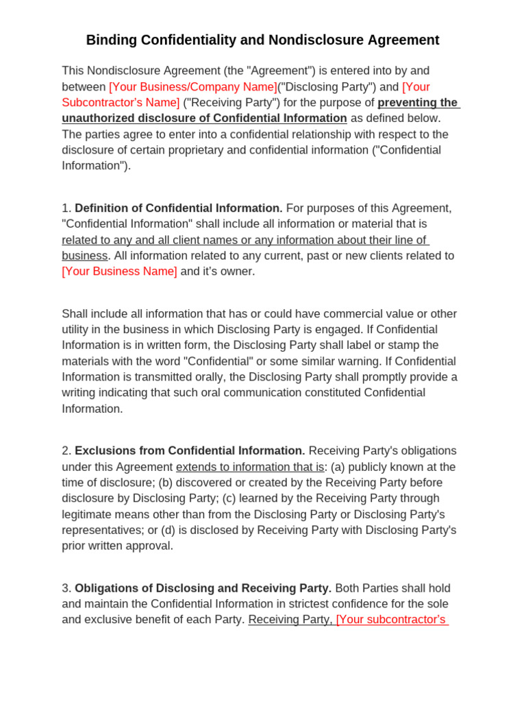 NDA For Subcontractors | PDF | Non Disclosure Agreement | Confidentiality
