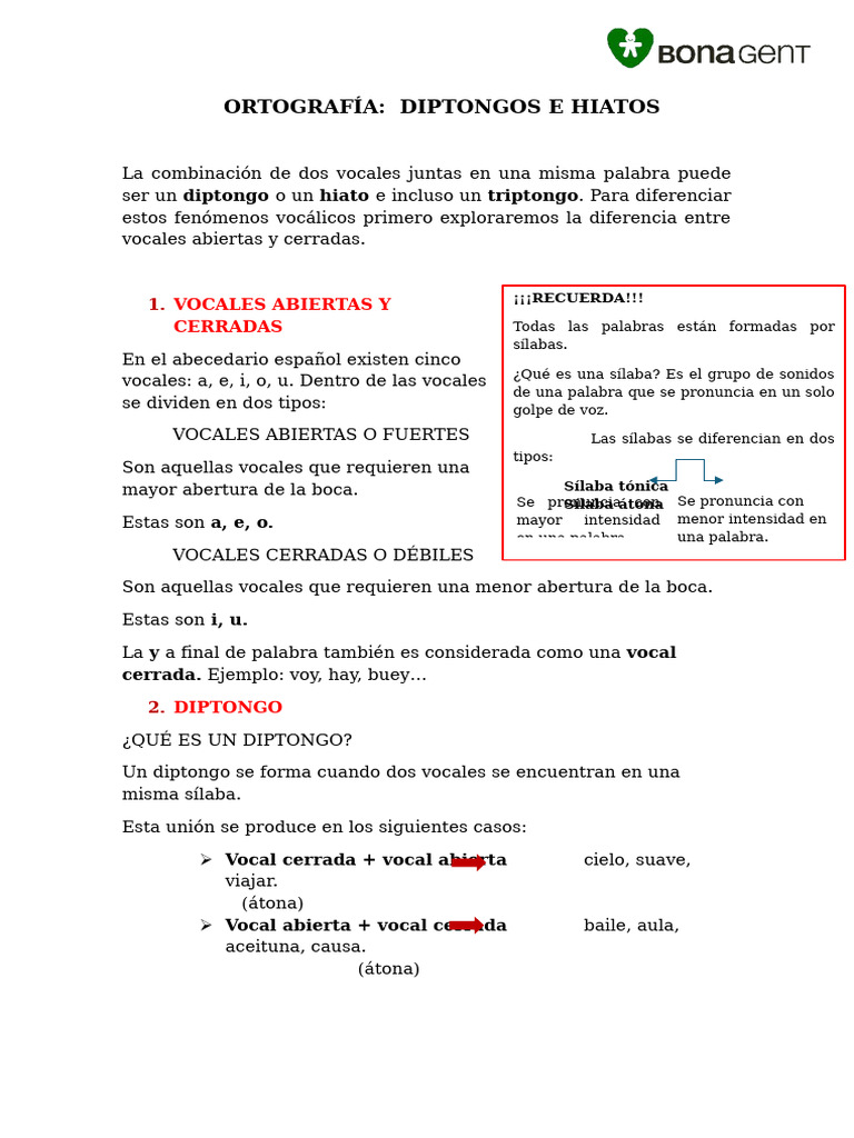 Diptongos, Hiatos y Vocales en Español | PDF | Vocal | Sílaba