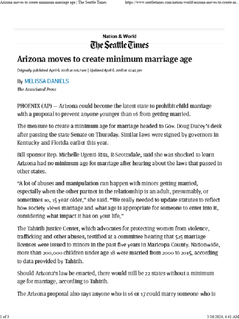 Arizona Moves To Create Minimum Marriage Age The Seattle Times | PDF