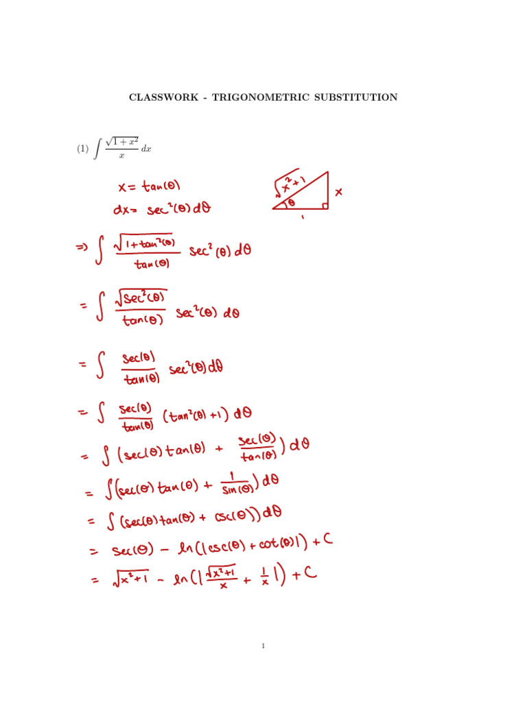 Classwork4 Trigonometric Integrals and Substitution | PDF