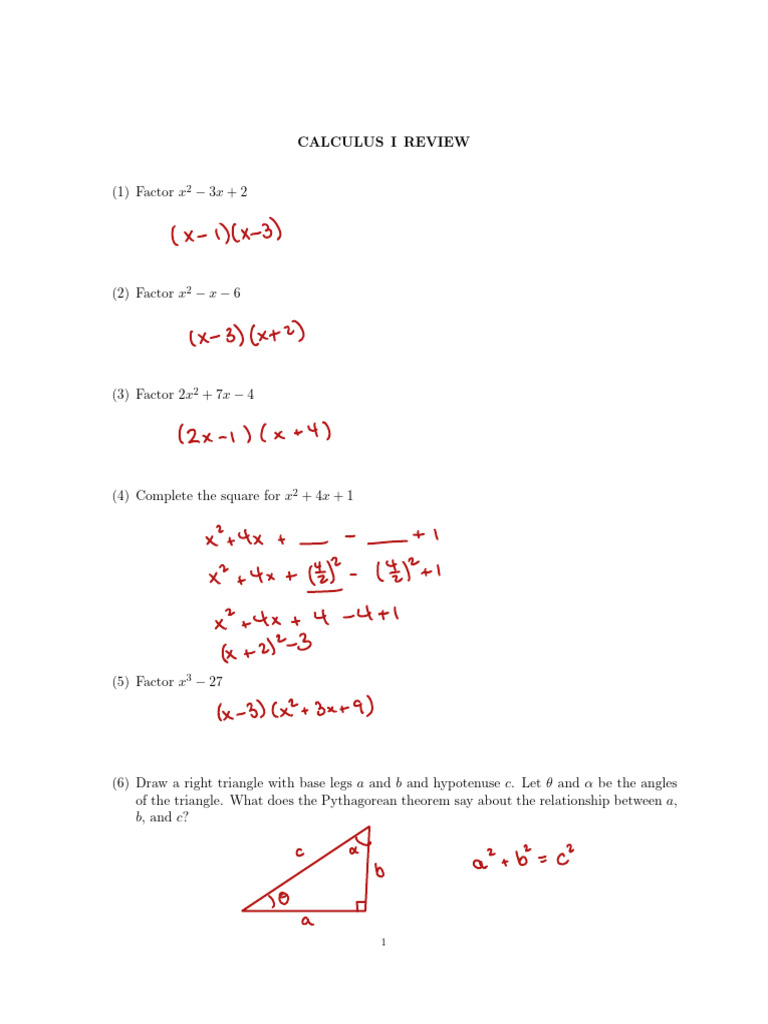 Classwork1 Calculus Review Filled | PDF | Triangle | Mathematical Objects