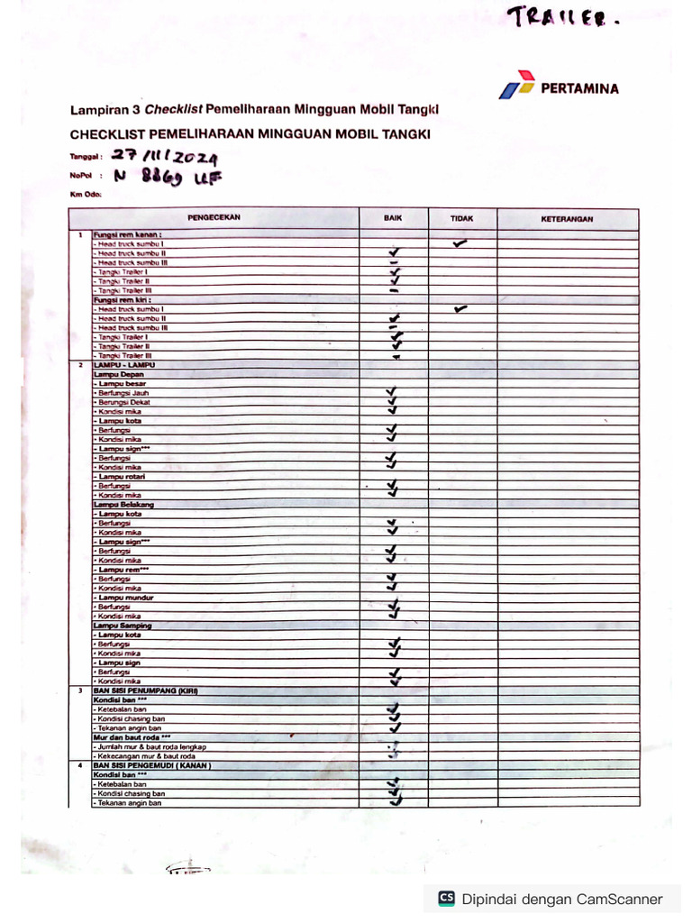Checklist Pemeriksaan Mingguan Mobil Tangki N 8869 UF 27-11-2024 10.38 ...