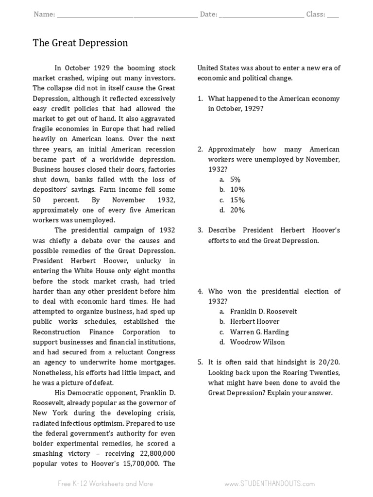 10.08 The Great Depression Reading Questions Worksheet | PDF | Great ...