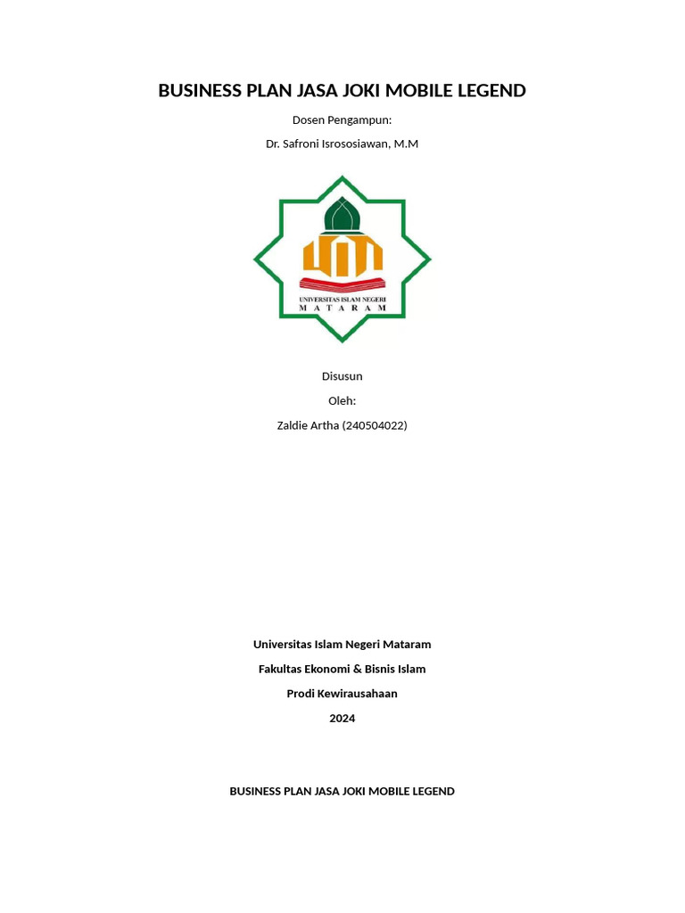 Business Plan Jasa Joki Mobile Legend | PDF