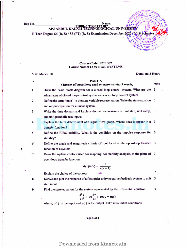 Control Systems Exam ECT 307 Guide | PDF | Applied Mathematics | Electrical Engineering
