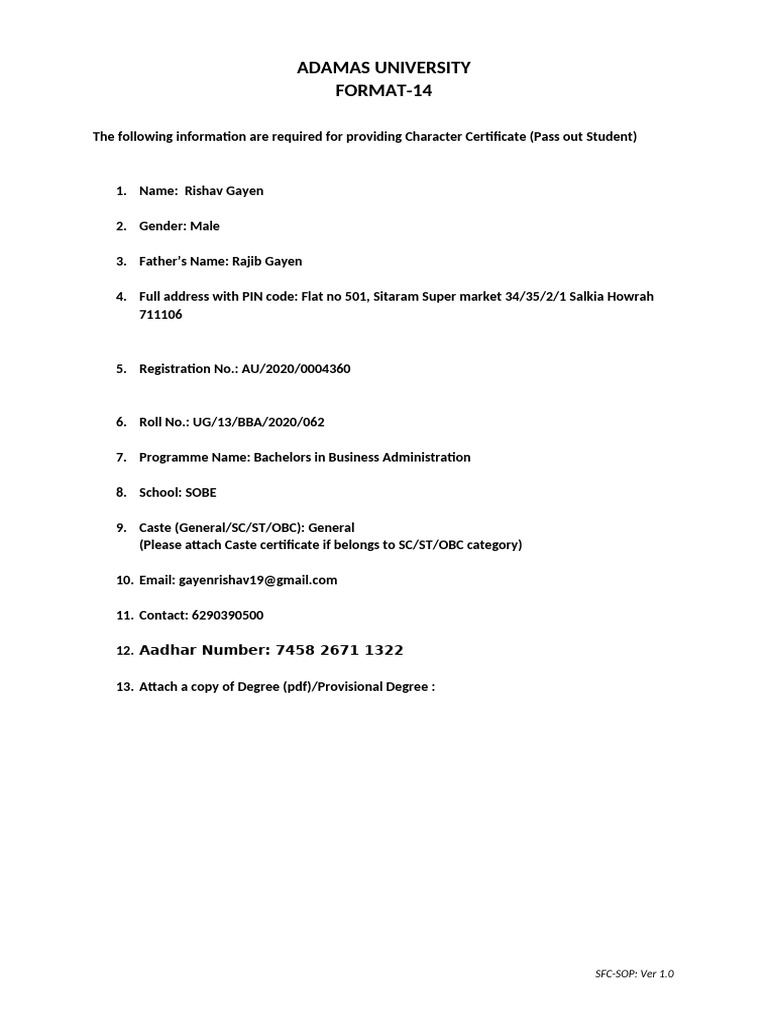 FORMAT-14-Character Certificate (Pass Out Student) | PDF