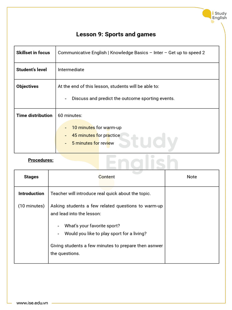 Lesson 9 - Sports and Games (Lesson Plan) | PDF