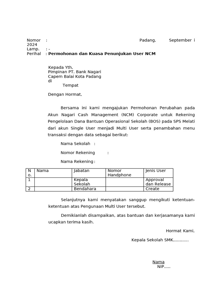 Surat Permohonan Dan Kuasa Penunjukan User NCM | PDF