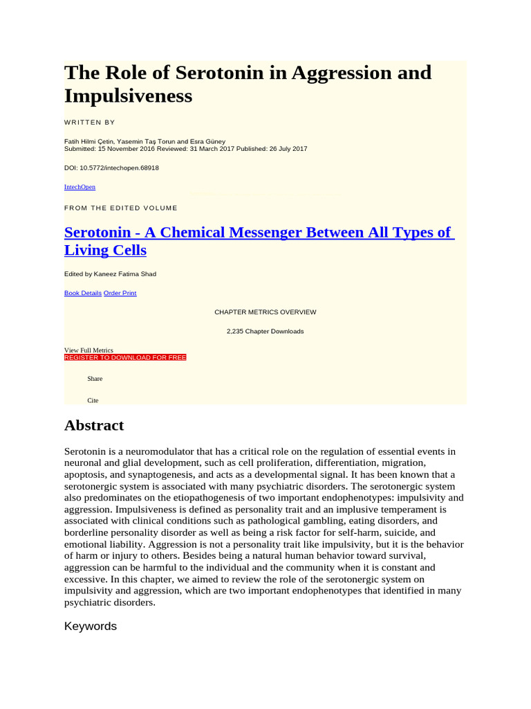 The Role of Serotonin in Aggression and Impulsiveness | PDF ...