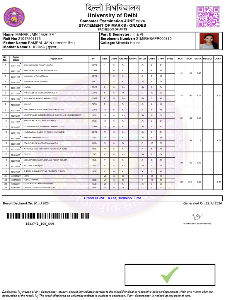 University of Delhi: Semester Examination JUNE 2024 Statement of Marks ...