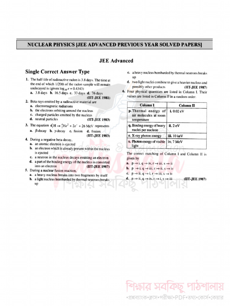 Nuclear Physics JEE Advanced Questions PDF With Solutions | PDF