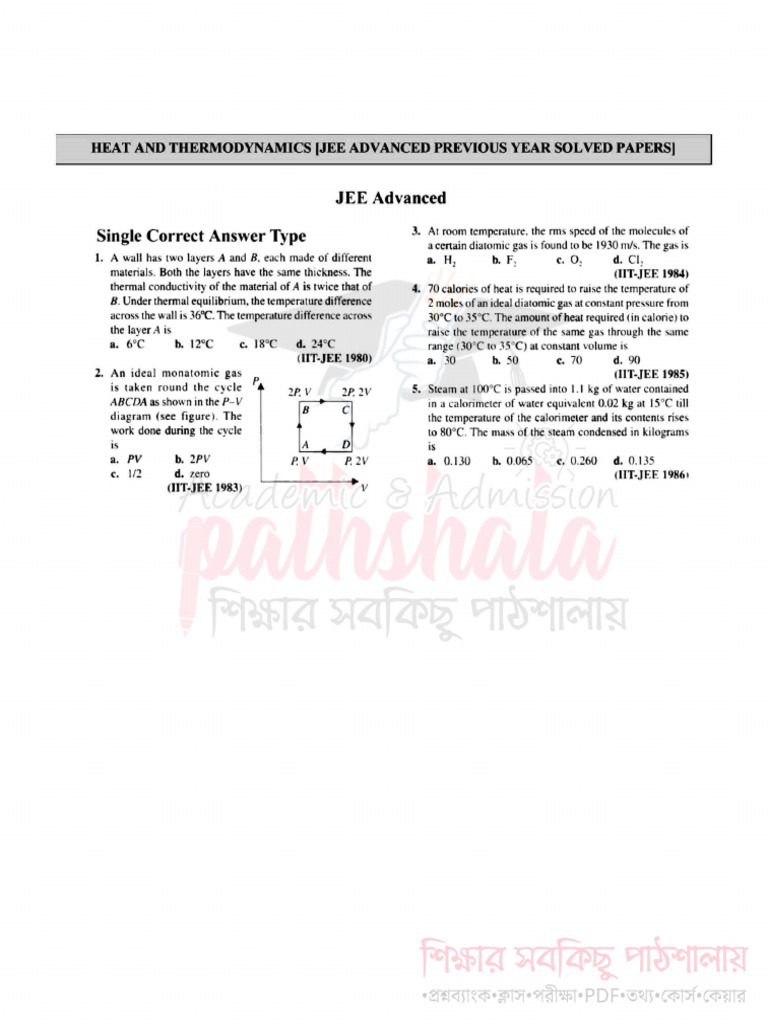 Heat and Thermodynamics JEE Advanced Questions PDF With Solutions | PDF