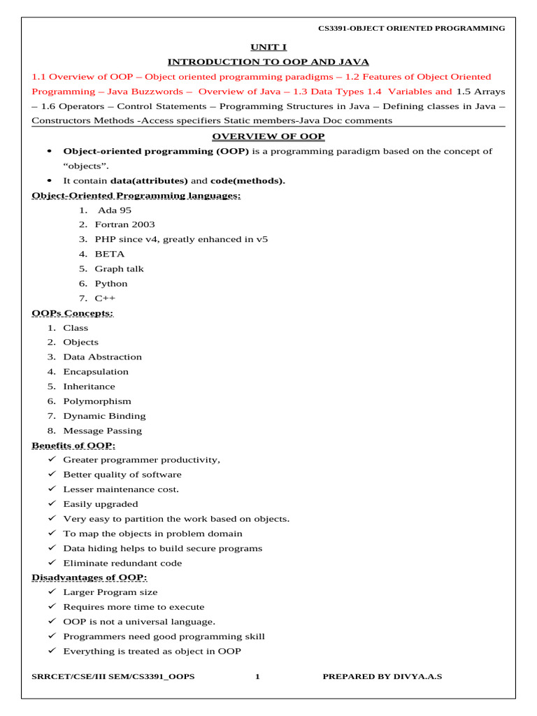 Introduction to OOP and Java Concepts | PDF | Java (Programming Language) | Object Oriented ...