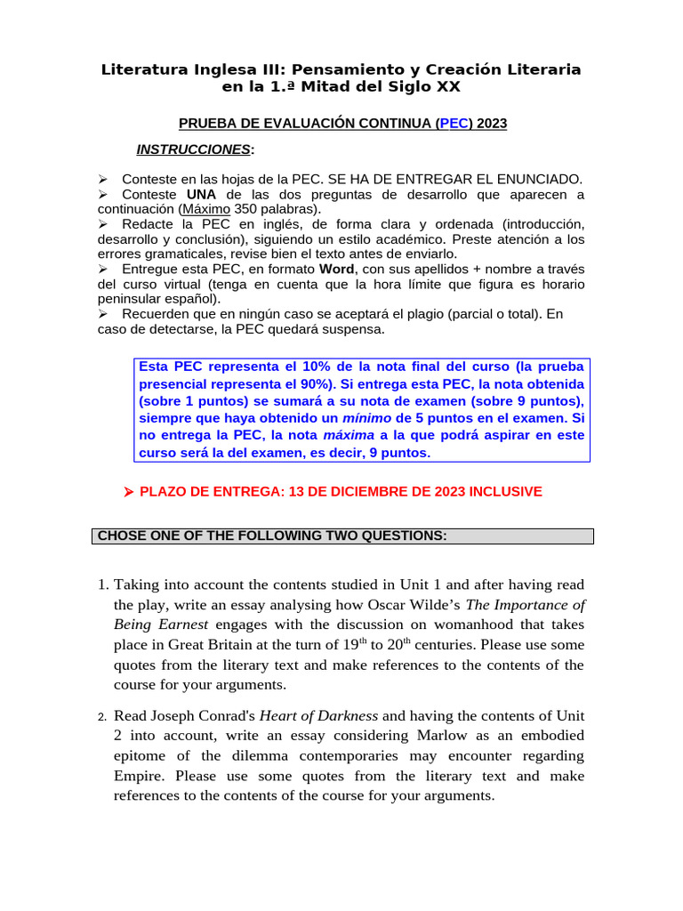 PEC - 2023 - LITERATURA - ING - III - Jaione Noguera Auzmendi | PDF | The Importance Of Being ...