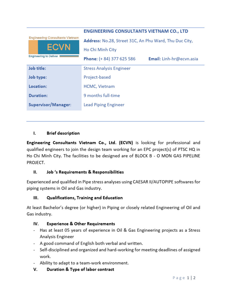 JD For Stress Analysis Engineer PTSC | PDF