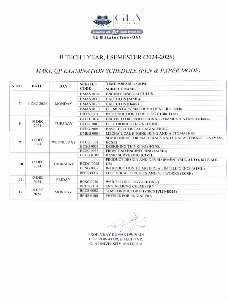 Make Up Examination Schedule of B.tech. First Year | PDF | Physical ...
