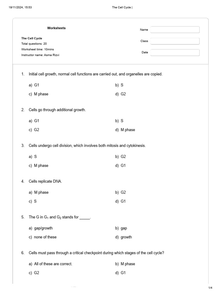 Cell Cycle Quiz for Students | PDF | Mitosis | Cell (Biology)