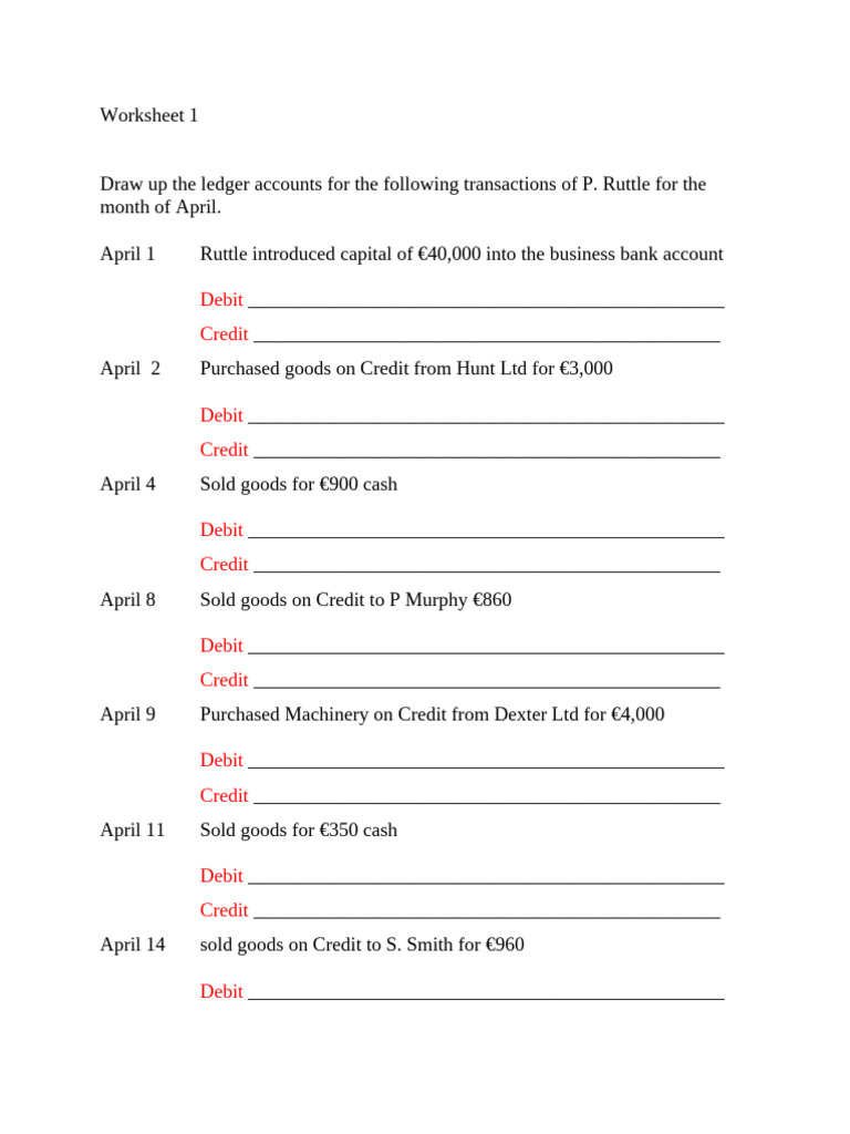Double Entry Principles Work Sheet 1 2 | PDF | Debits And Credits ...