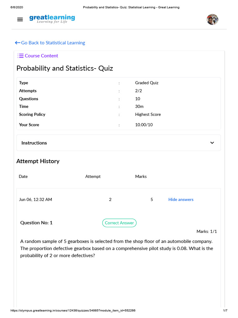Probability and Statistics Quiz Statistical Learning Great Learning PDF ...