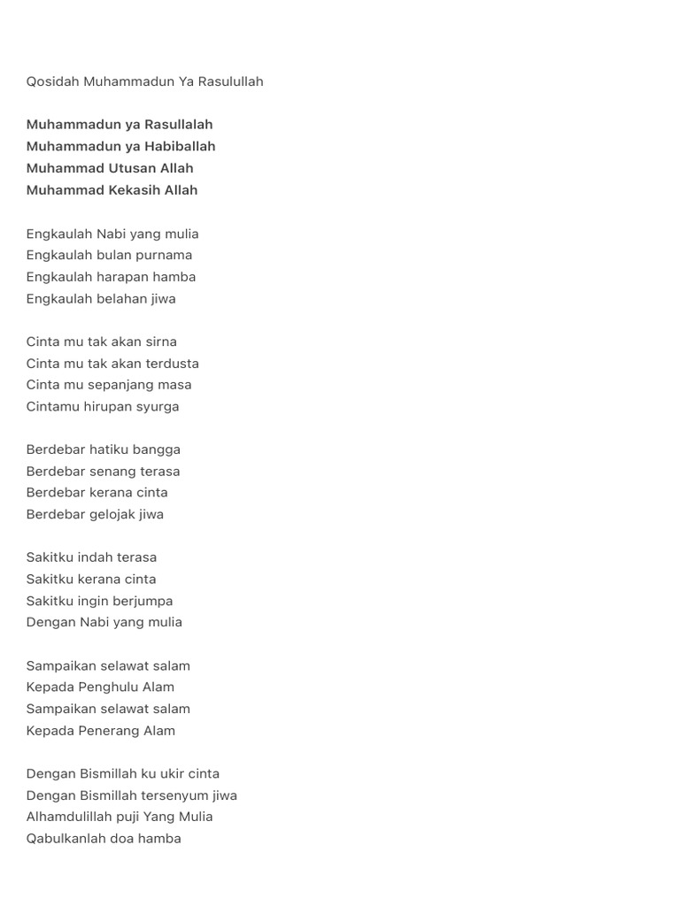 Lirik Qosidah Muhammadun Ya Rasulullah | PDF