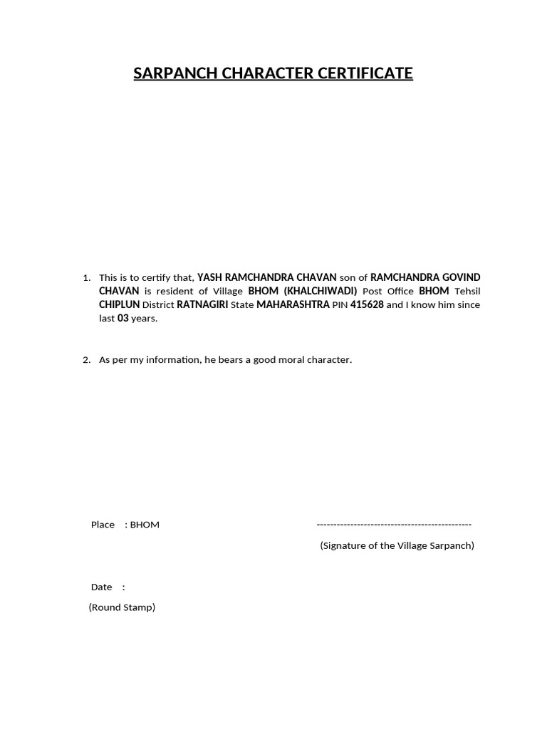 Sarpanch Character Certificate | PDF | Government