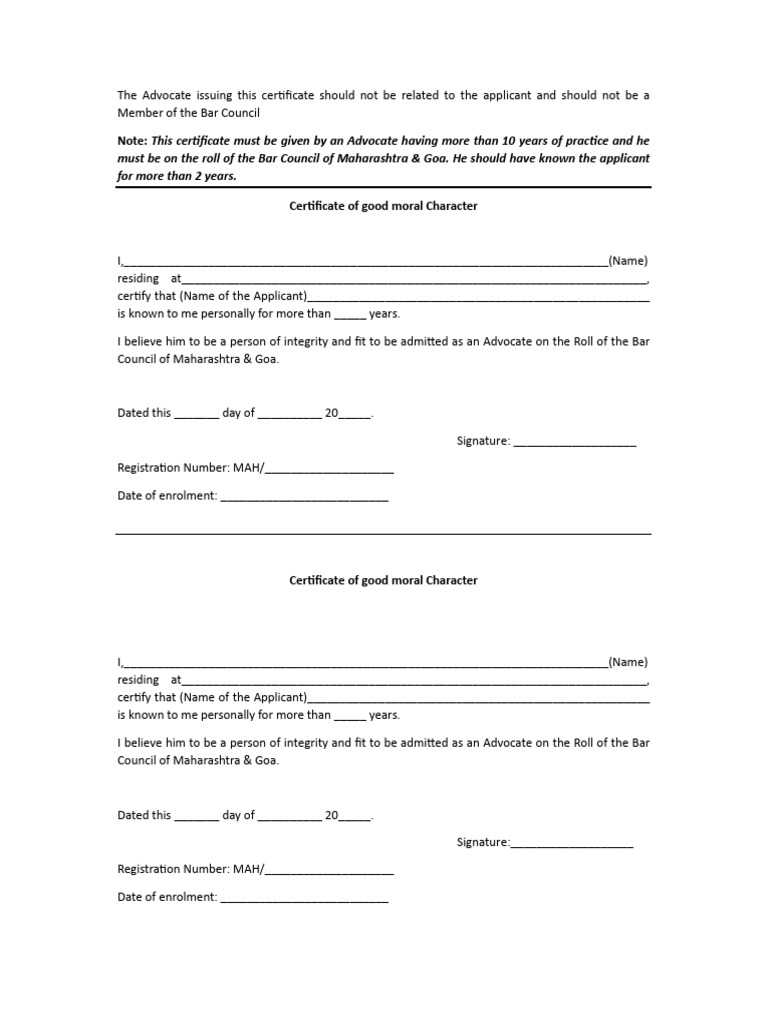 Certificate of Good Moral Character | PDF