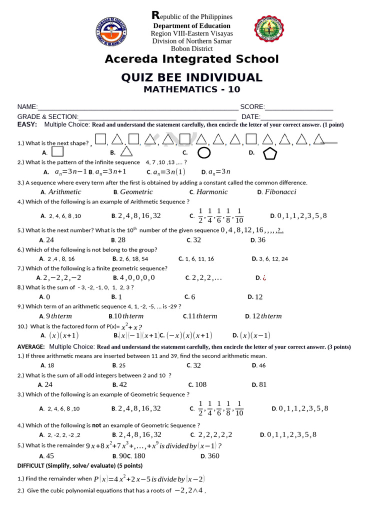 MATH-10-FIRST GRADING 2024 - Quiz Bee | PDF | Sequence | Numbers